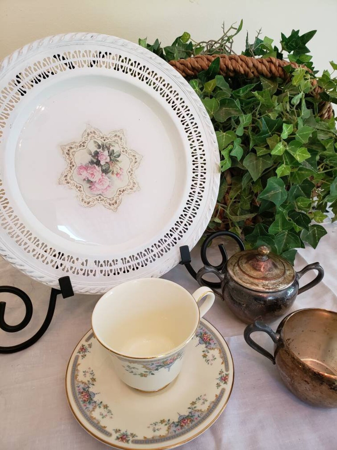 Pink Roses Round, Painted & Distressed Vintage Silver Plated Tray ...
