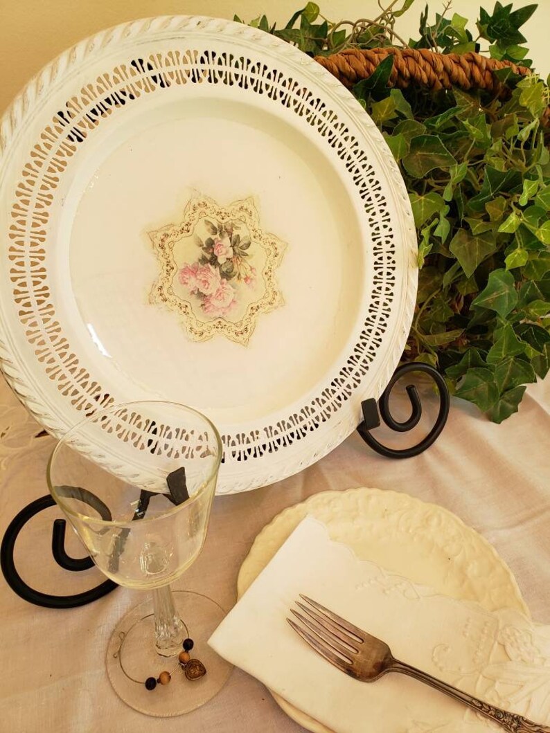 Pink Roses Round, Painted & Distressed Vintage Silver Plated Tray ...