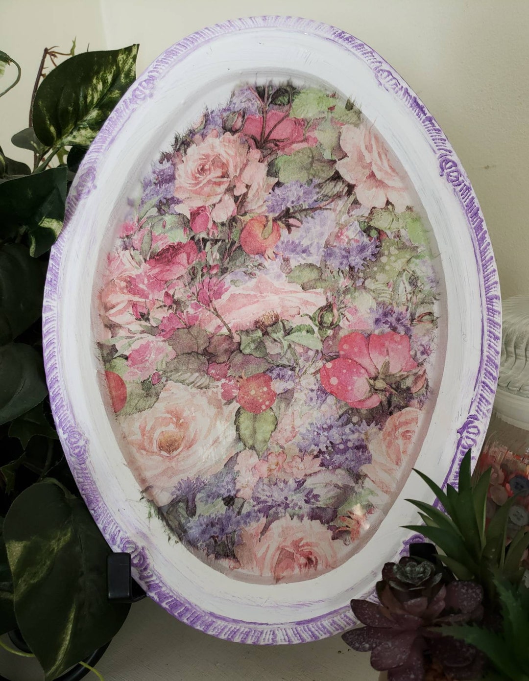 Small Watercolor Floral Oval Distressed Vintage Silver Plated Trinket ...