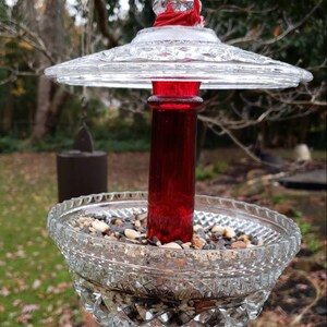 Hanging Vintage Red Glass Bird Feeder. Birds Love It Sparkling in the ...