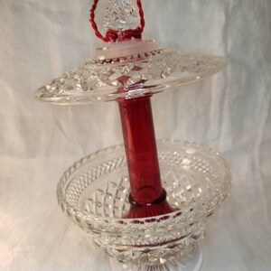 Hanging Vintage Red Glass Bird Feeder. Birds Love It Sparkling in the ...