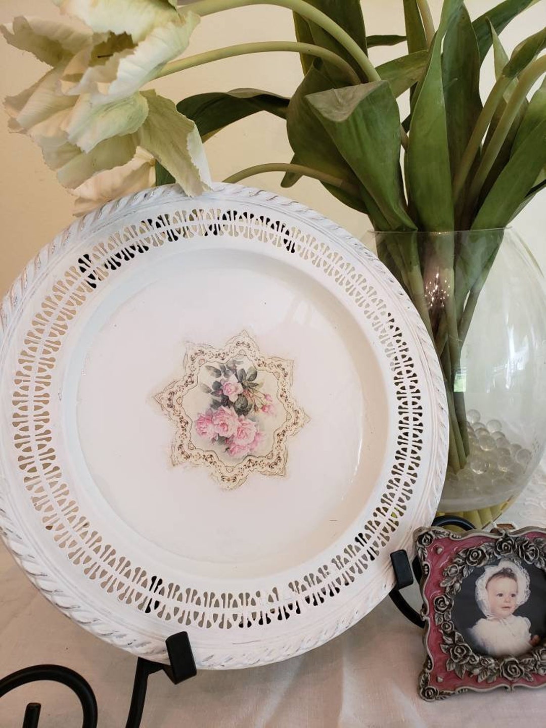 Pink Roses Round, Painted & Distressed Vintage Silver Plated Tray ...