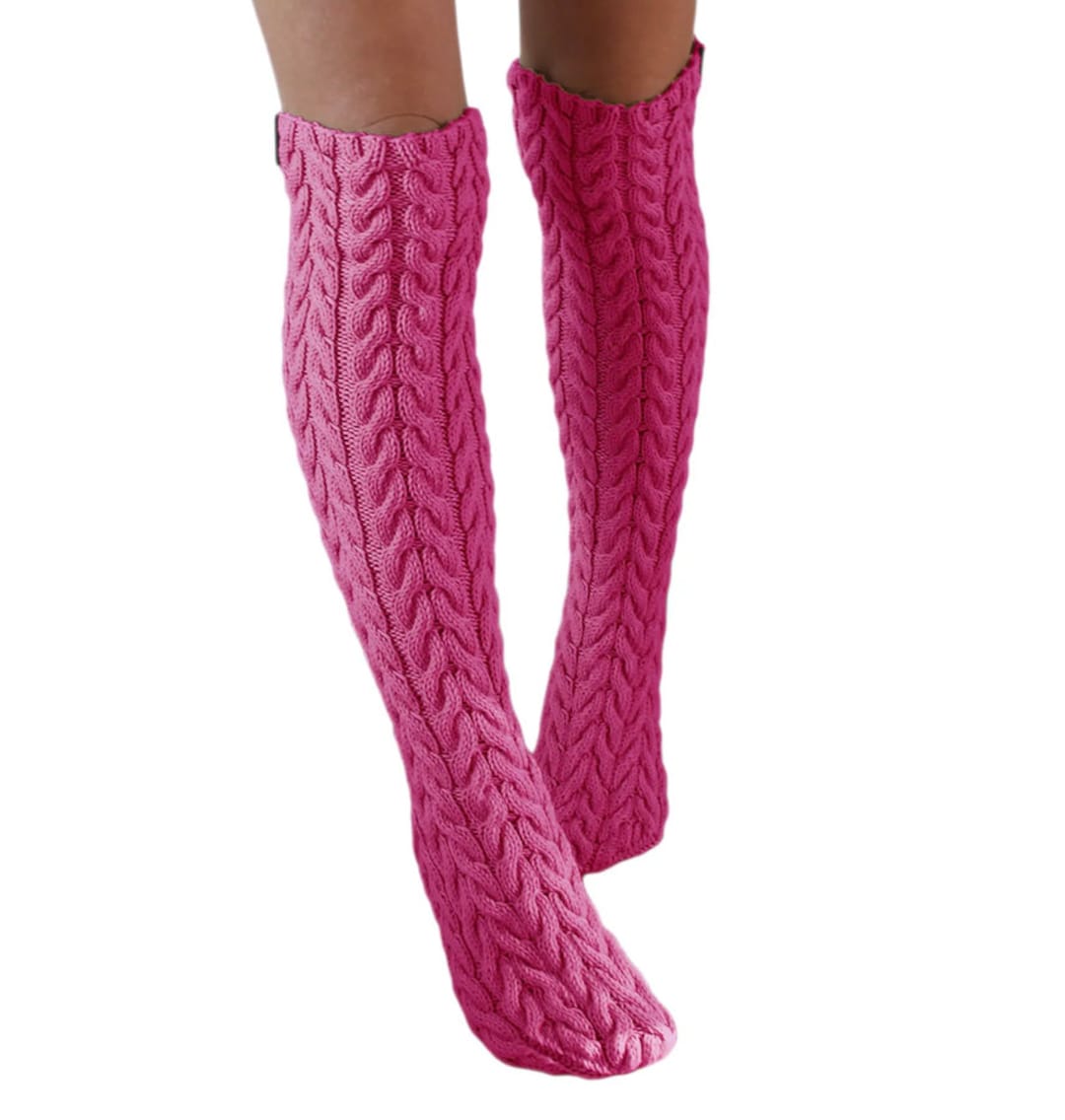 Knee-high Socks Solid Color Twisted Knitted Stocking Socks Green/rose ...