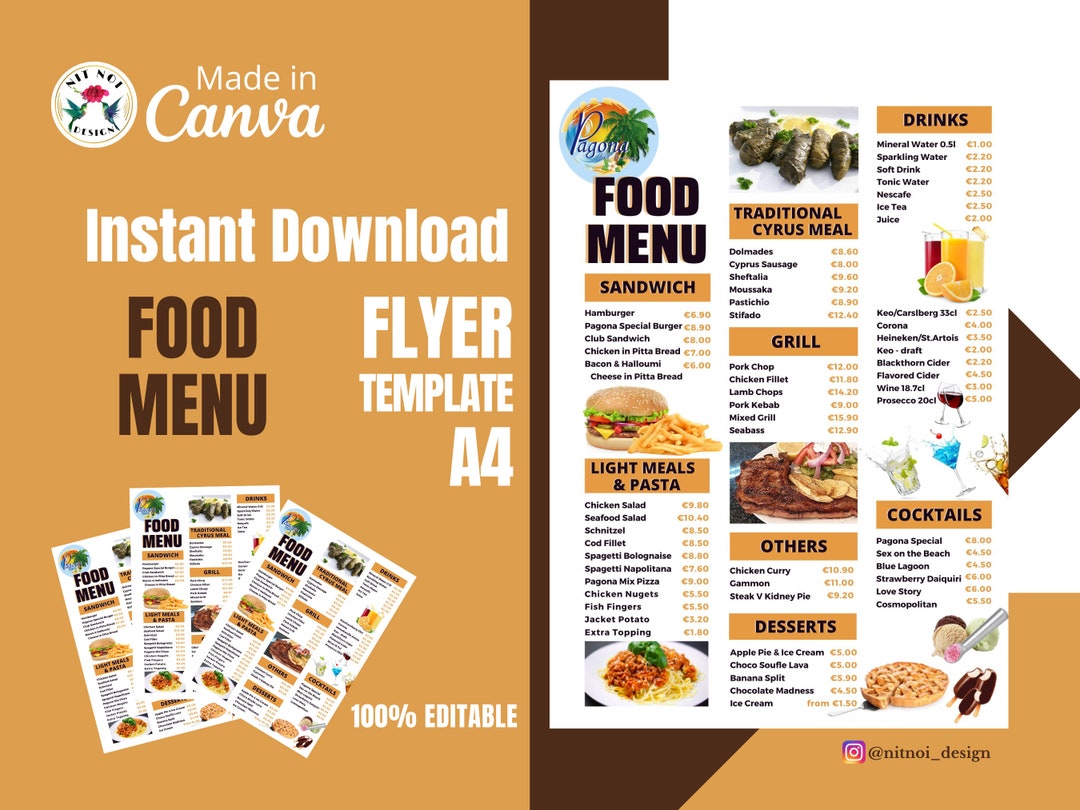 Food Menu Template INSTANT DOWNLOAD editable A4 Food Menu - Etsy Australia