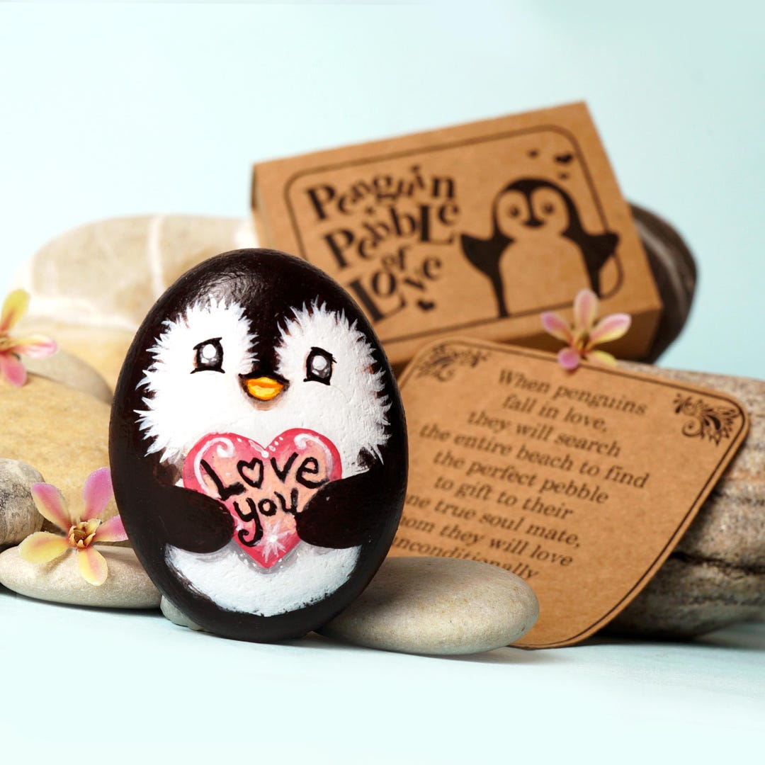 Hand Painted Penguin Pebble Pocket Hug Valentines Gift for Her, I Love ...