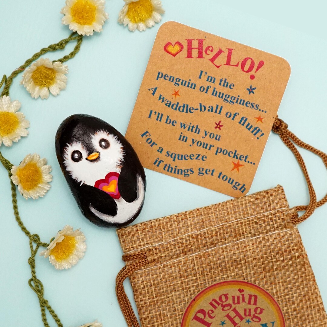 Painted Rocks Penguin Pocket Hug Gift, Emotional Support Penguin Stone ...
