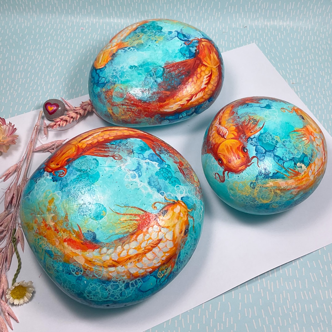 Large Abstract Koi Fish Painted Rock Stone, Koi Art Unique Gift for Him ...
