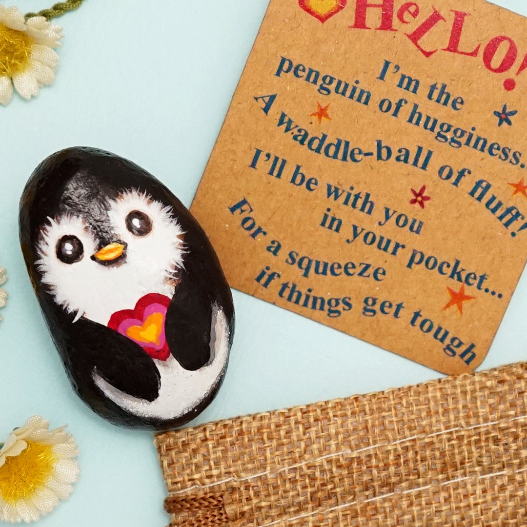 Painted Rocks Penguin Pocket Hug Gift, Emotional Support Penguin Stone ...
