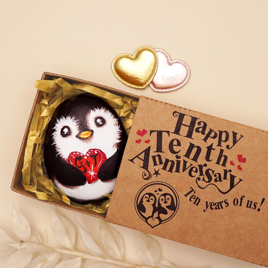 Penguin Rock Hand Painted Ten Year Anniversary Gift, Penguin Pebble ...