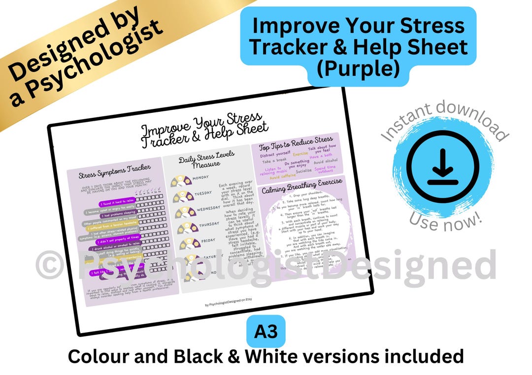 A3 Improve Your Stress Tracker and Help Sheet PURPLE (digital Download ...