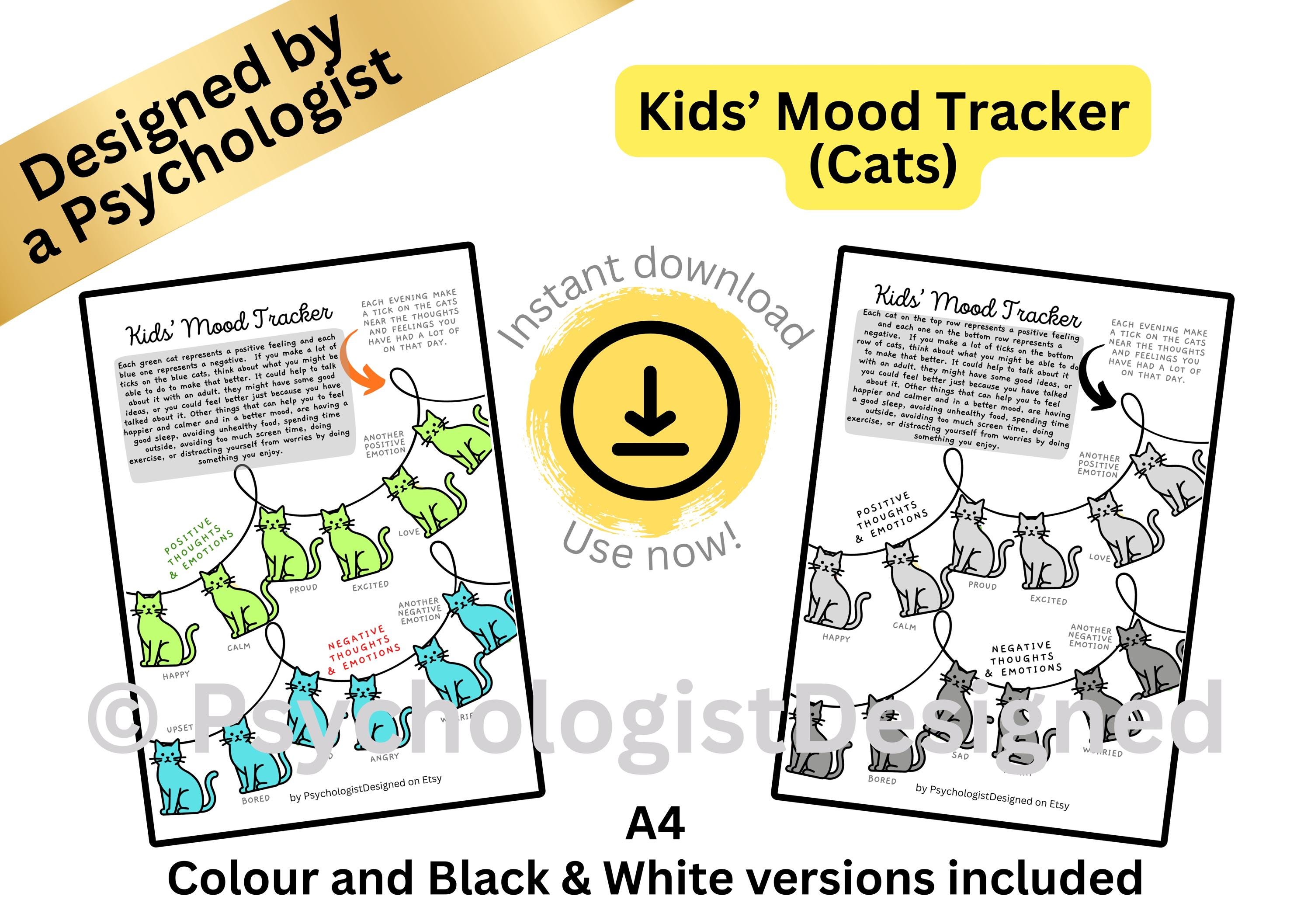 Mental Health Worksheet - Kids' Mood Tracker (cats)... Feelings ...