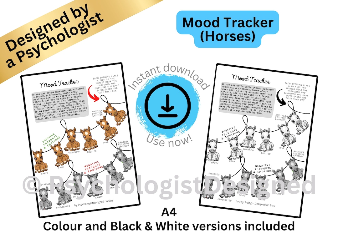 Mental Health Worksheet - Mood Tracker, Horses, Thoughts, Feelings ...