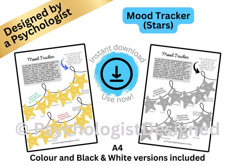Mental Health Worksheet - Mood Tracker, Stars, Thoughts, Feelings ...