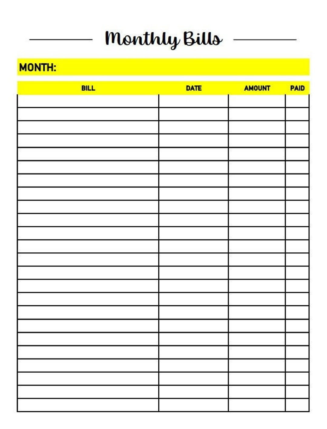 Simple Digital Yellow Monthly Bills Planner Sheet - Etsy