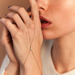 14K Solid Gold Hand Chain Bracelet, Gold Wrap Adjustable Bracelet, Ring Bracelet, Gold Finger ...