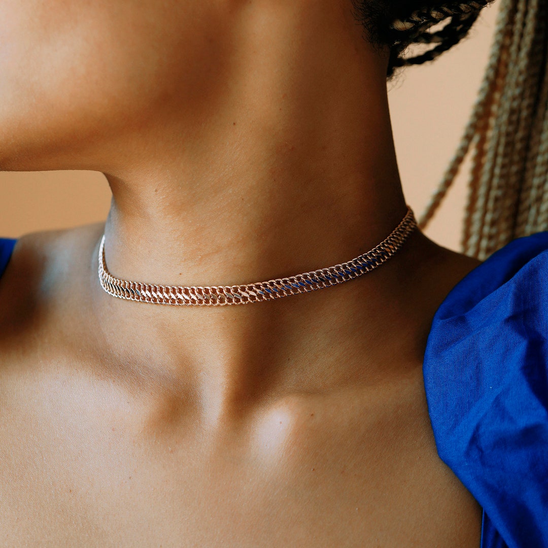 Chain Choker Necklace, 14K Gold Double Curb Chain Necklace, Vienna ...