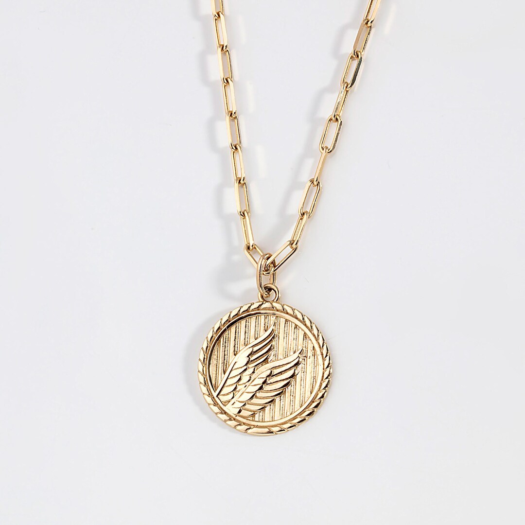 Angel Wings Necklace, Winged Coin Charm Pendant, Paperclip Necklace ...