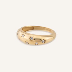 Stella Ring, 14K Solid Gold Star Embroidered Ring, Women Gold Jewelry ...
