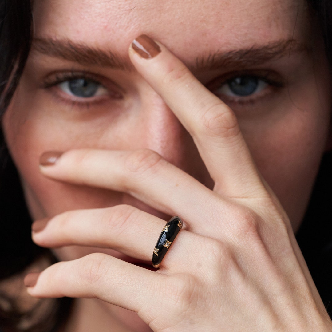 Black Enamel Star Embroidered Ring, Dome Night Star Ring, Women Gold ...