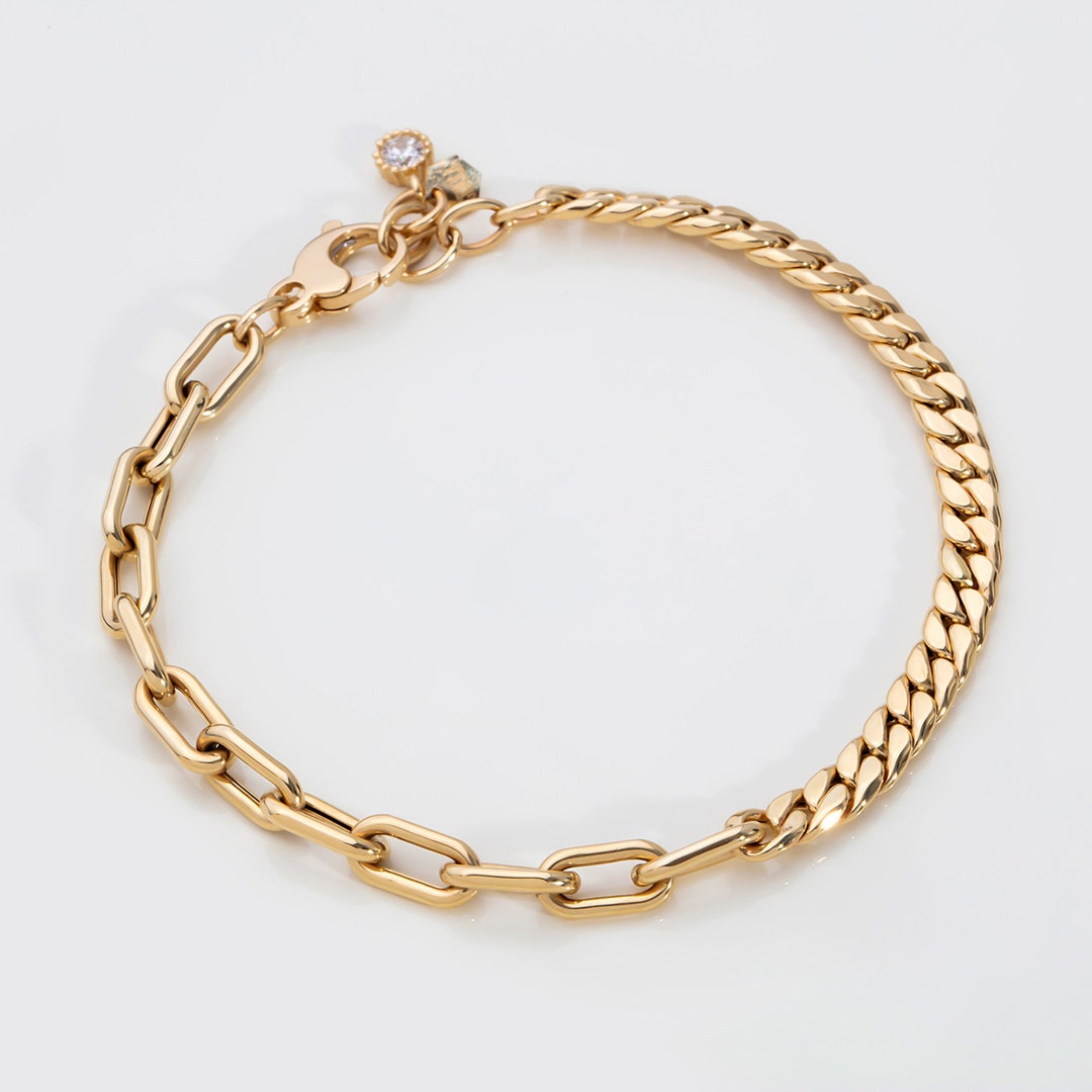 Half Cuban Chain Half Paperclip Bracelet, 14K Solid Gold Bracelet, 5,8 ...