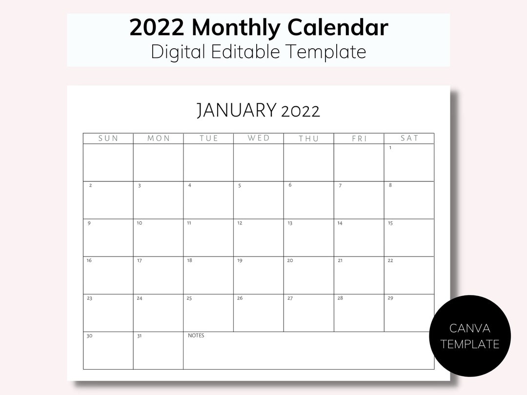 2022 Calendar Template 12 Month Calendar Digital Download Editable ...