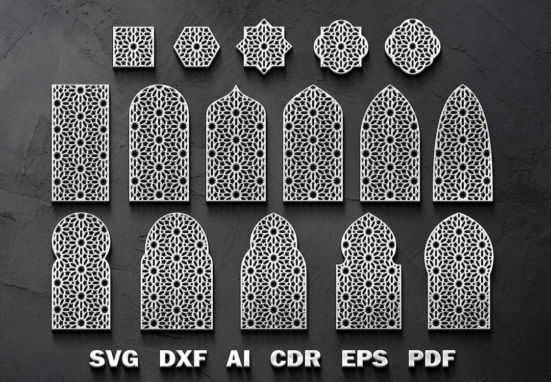 Arabic Moroccan Islamic Geometric Pattern Panel Set Template in SVG ...