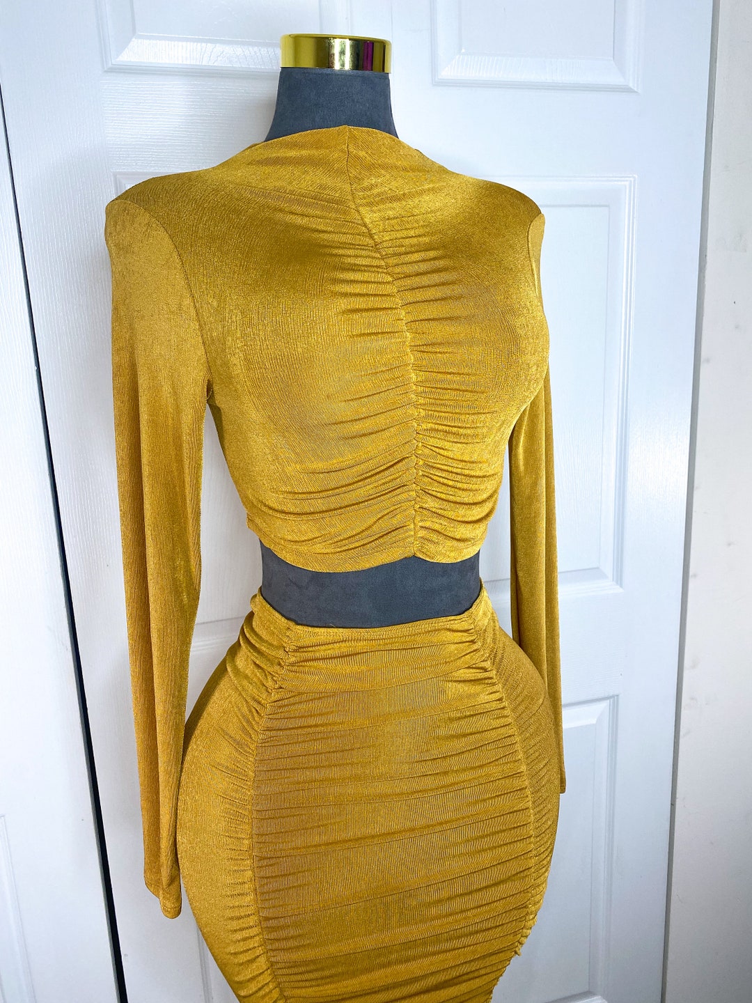Gold Two Piece Set - Ruched Long Sleeve Crop Top and Bodycon Skirt - Etsy