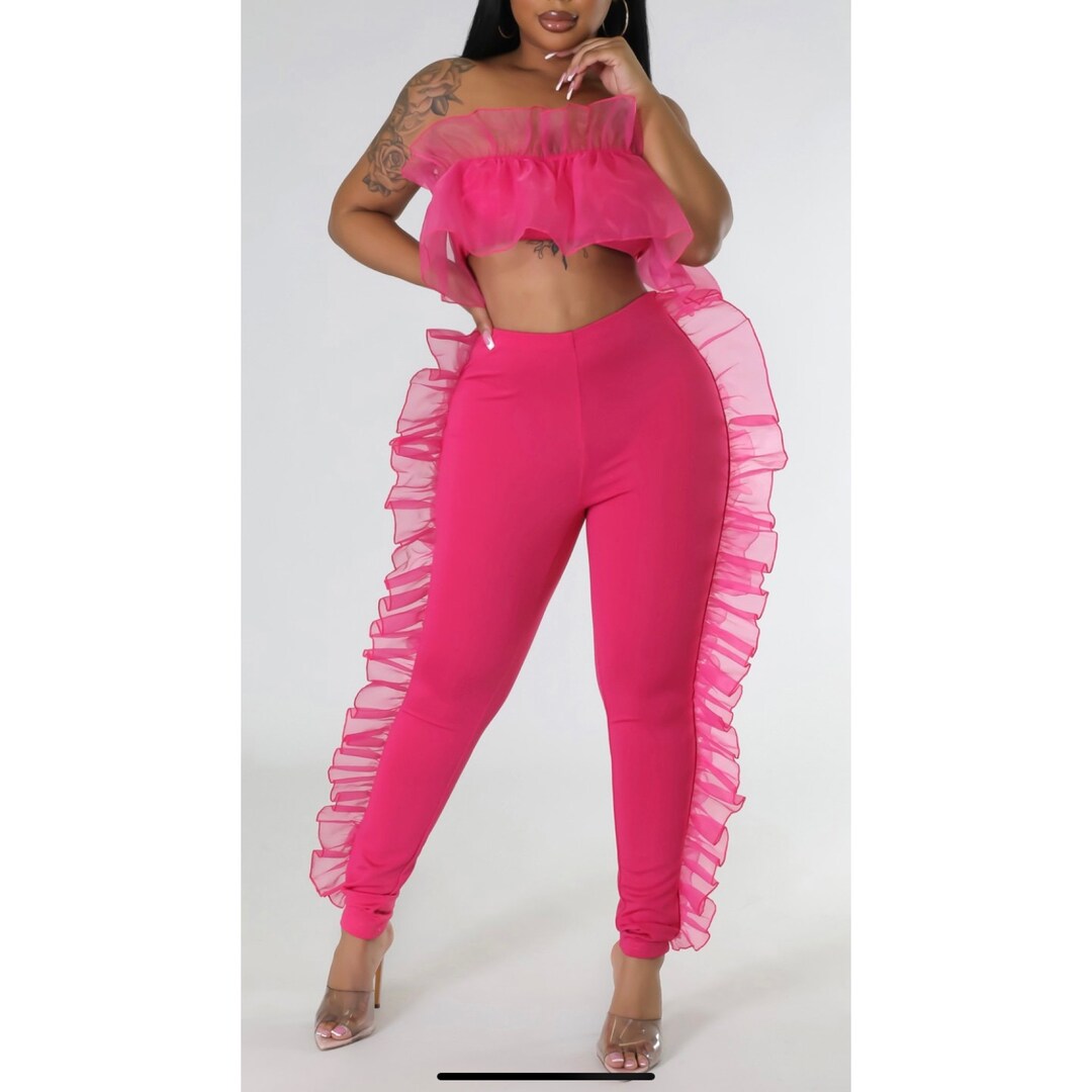 Pretty Pink Ruffle Set, Womens Crop Top and High Waist Pants With Tulle ...