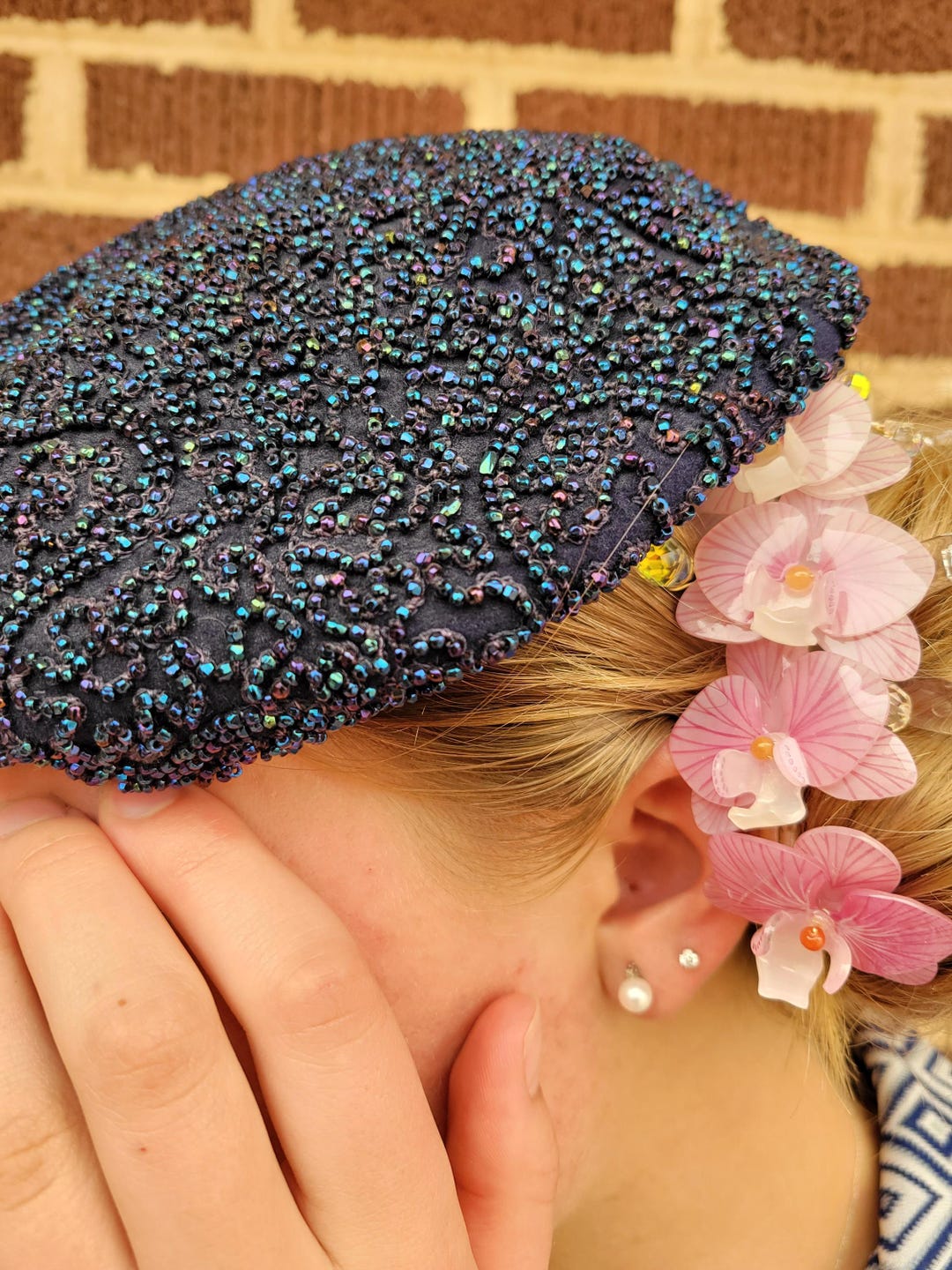 Vintage Navy Blue Beaded Beret Hat Designer Leslie James Formal Beret ...