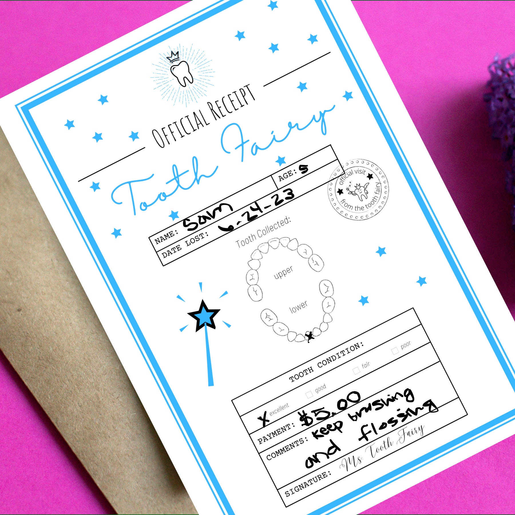 Tooth Fairy Receipt, Tooth Fairy Certificate, Lost Tooth Certificate ...