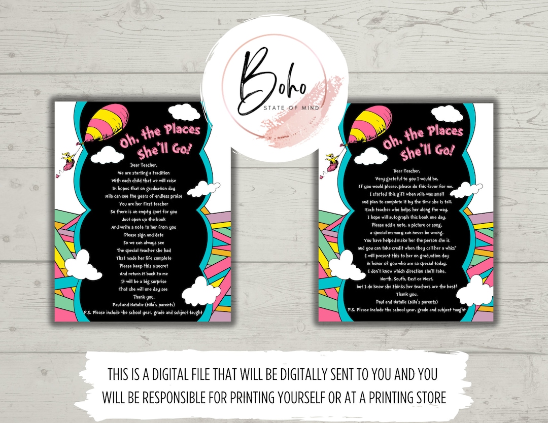 Dr. Seuss Graduation Gift Oh the Places She'll Go Digital Download ...