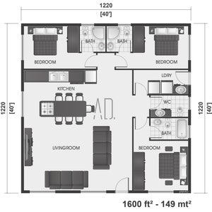 40x40 House Plan Cottage Home Plan 3 Bedrooom 4 Bath - Etsy