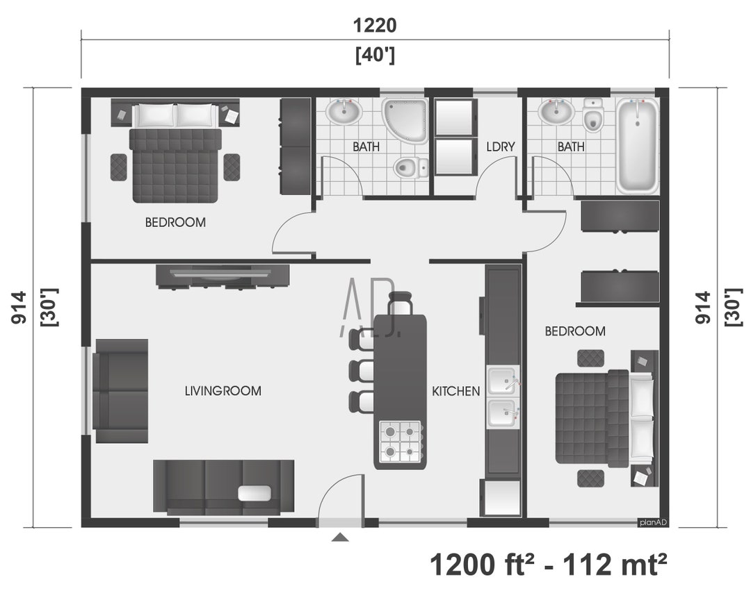 Floor Plan 2 Bedroom, 1200 Sq Ft House Plan, Cottage House, 30x40 House ...