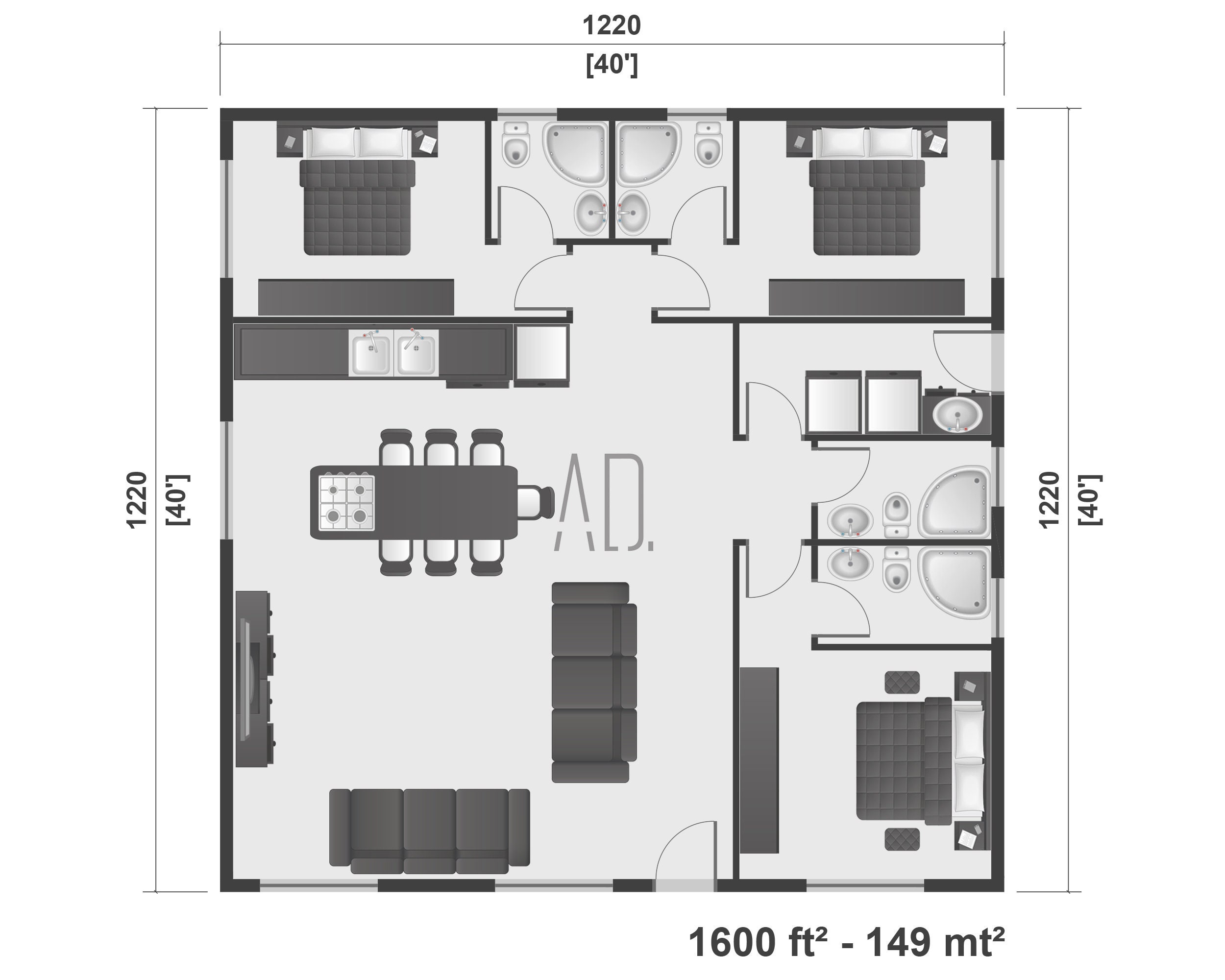 40x40 House Plan Cottage Home Plan 3 Bedrooom 4 Bath - Etsy