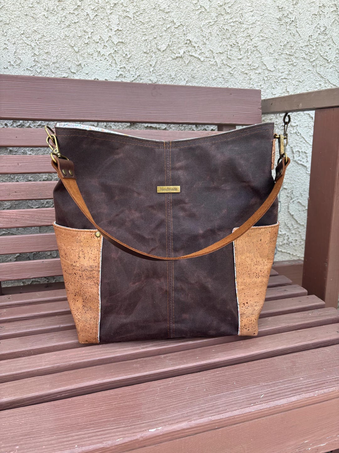 Cork Leather and Waxed Canvas Compass Bag, Size LARGE, Durable Tote, Noodlehead Patterns, Floral ...