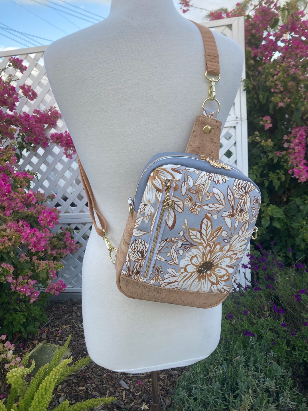 Grey and Blue Floral Pebble Sling Bag, Convertible Bag, Three in One ...