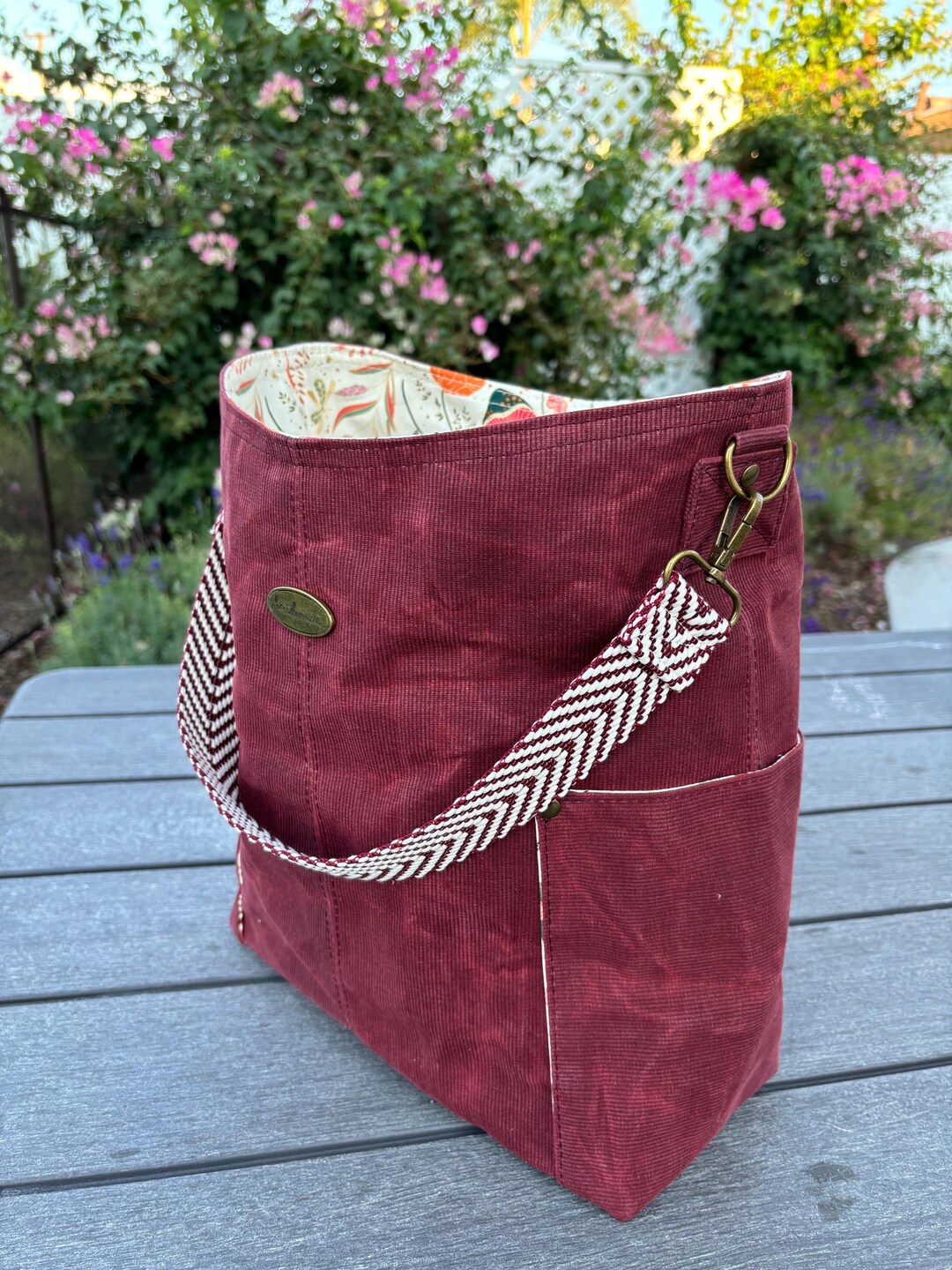 Maroon Waxed Corduroy Compass Bag, Size LARGE, Durable Tote, Noodlehead Patterns, Mushrooms and ...