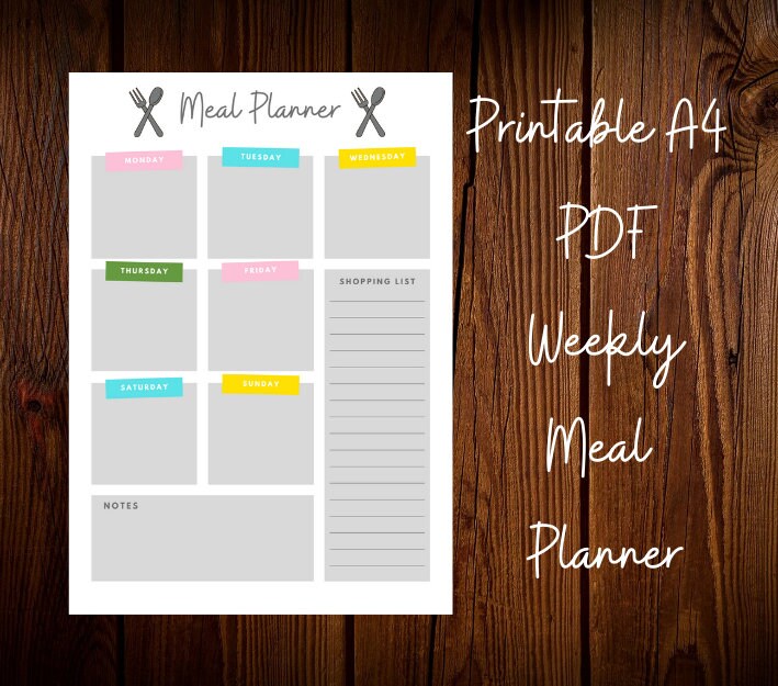 A4 Colourful Printable Weekly Meal Planner PDF Download - Etsy