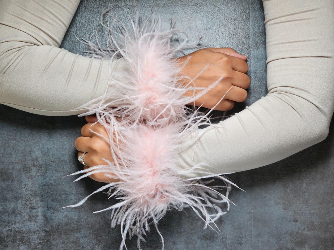 Fur Feather Cuff Bracelet | Slap Wristband | One Pair | Long Pale Pink ...