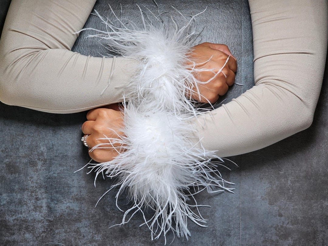 Fur Feather Cuff Bracelet | Slap Wristband | One Pair | Long White ...
