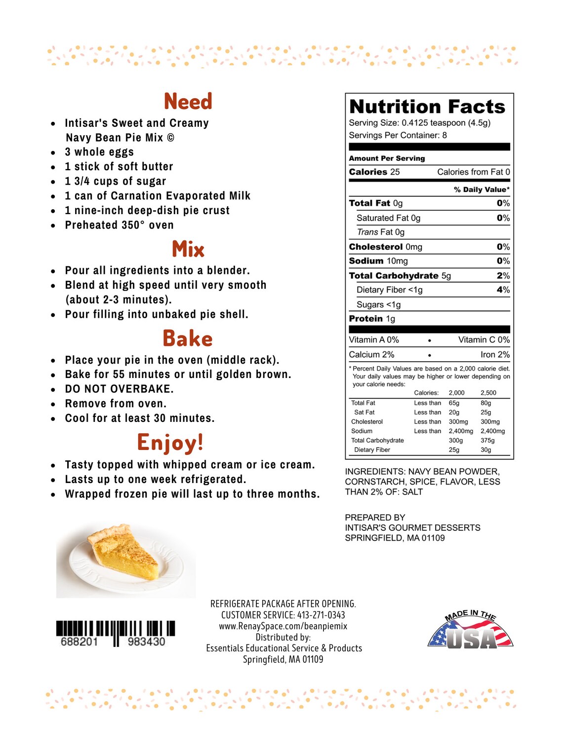 Intisar's Instant Navy Bean Pie Mix Starter Packet With Vanilla ...