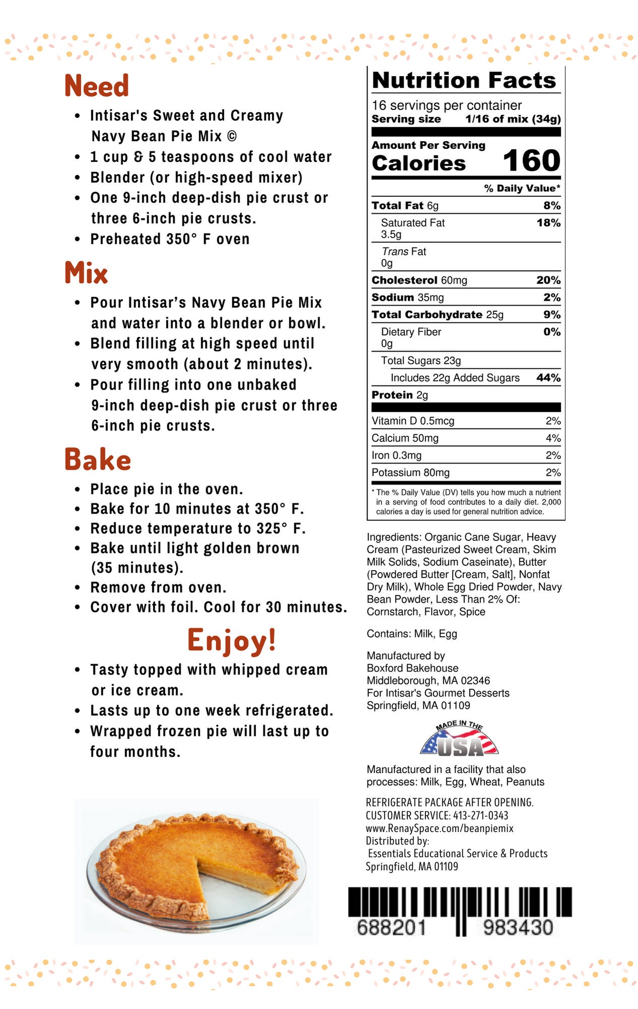 Navy Bean Pie Mix, Gourmet Dessert, Quick and Easy Pie Mix, Traditional ...