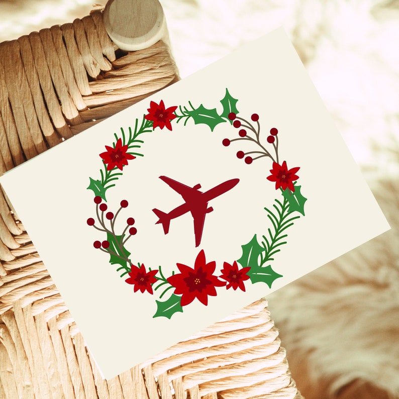 Aviation Christmas Card, DIGITAL DOWNLOAD, Wreath and Plane, Festive ...