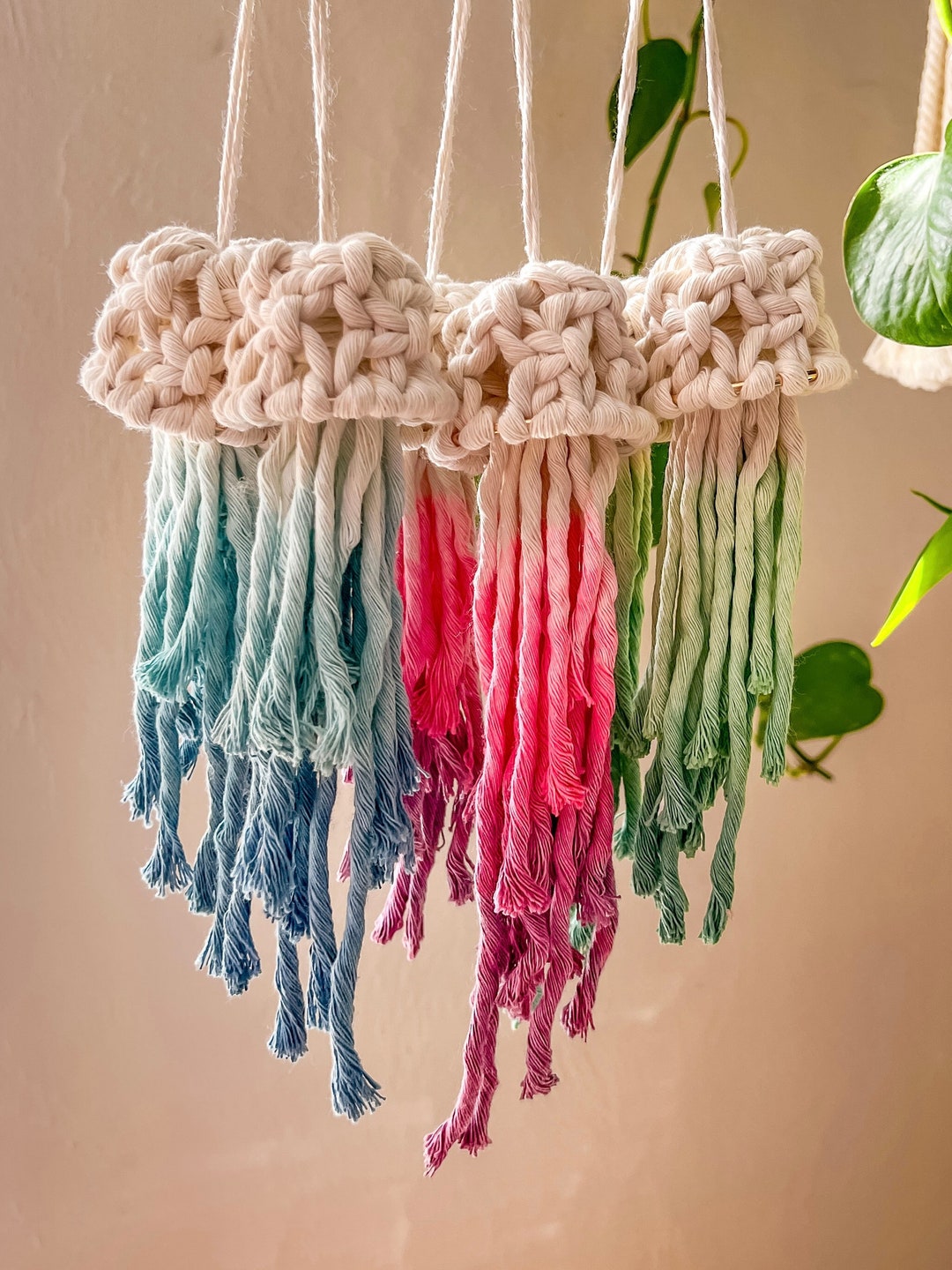 Dip Dyed Macrame Baby Jellyfish Car Charm | Colorful Macrame Jellyfish ...