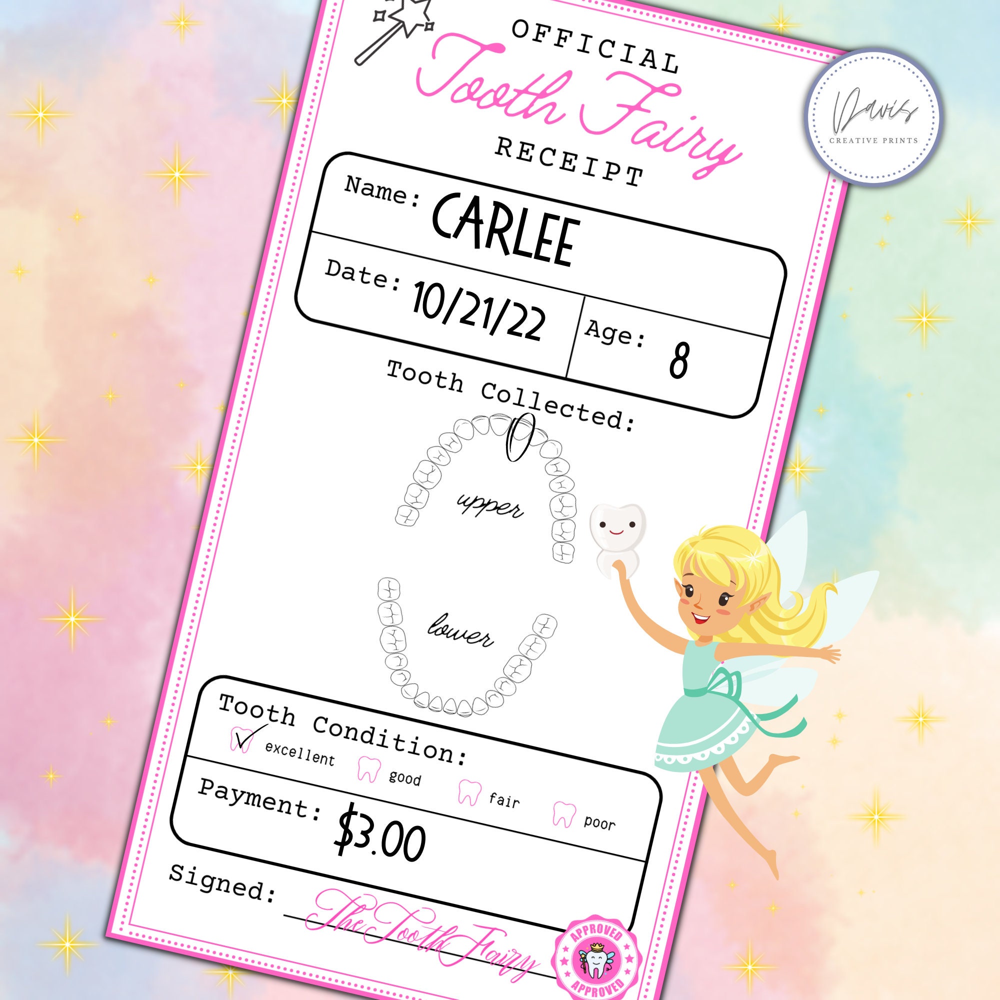 Printable Pink Tooth Fairy Receipt Tooth Fairy Receipt - Etsy