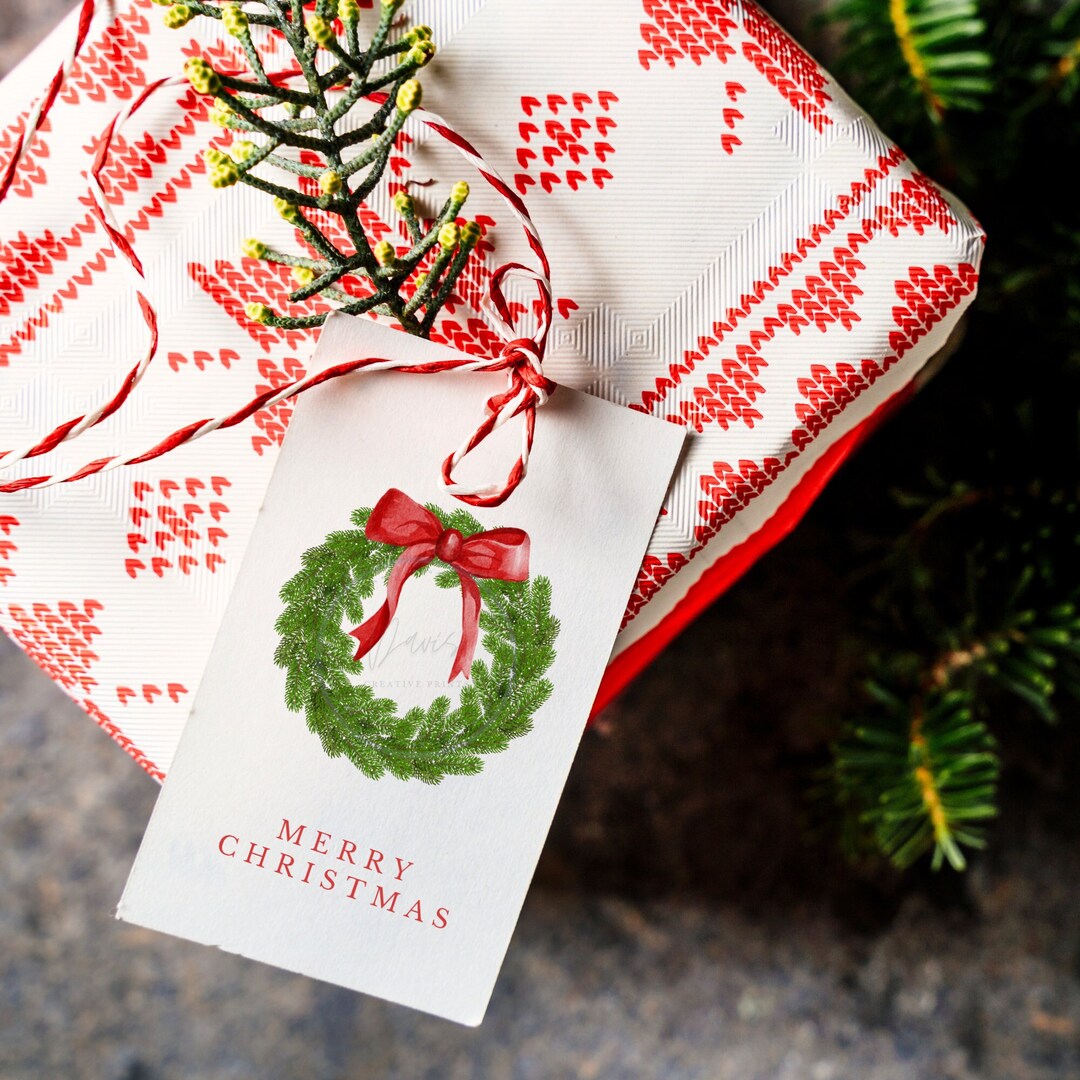 Christmas Wreath Gift Tag With Red Bow (digital Download) - Etsy