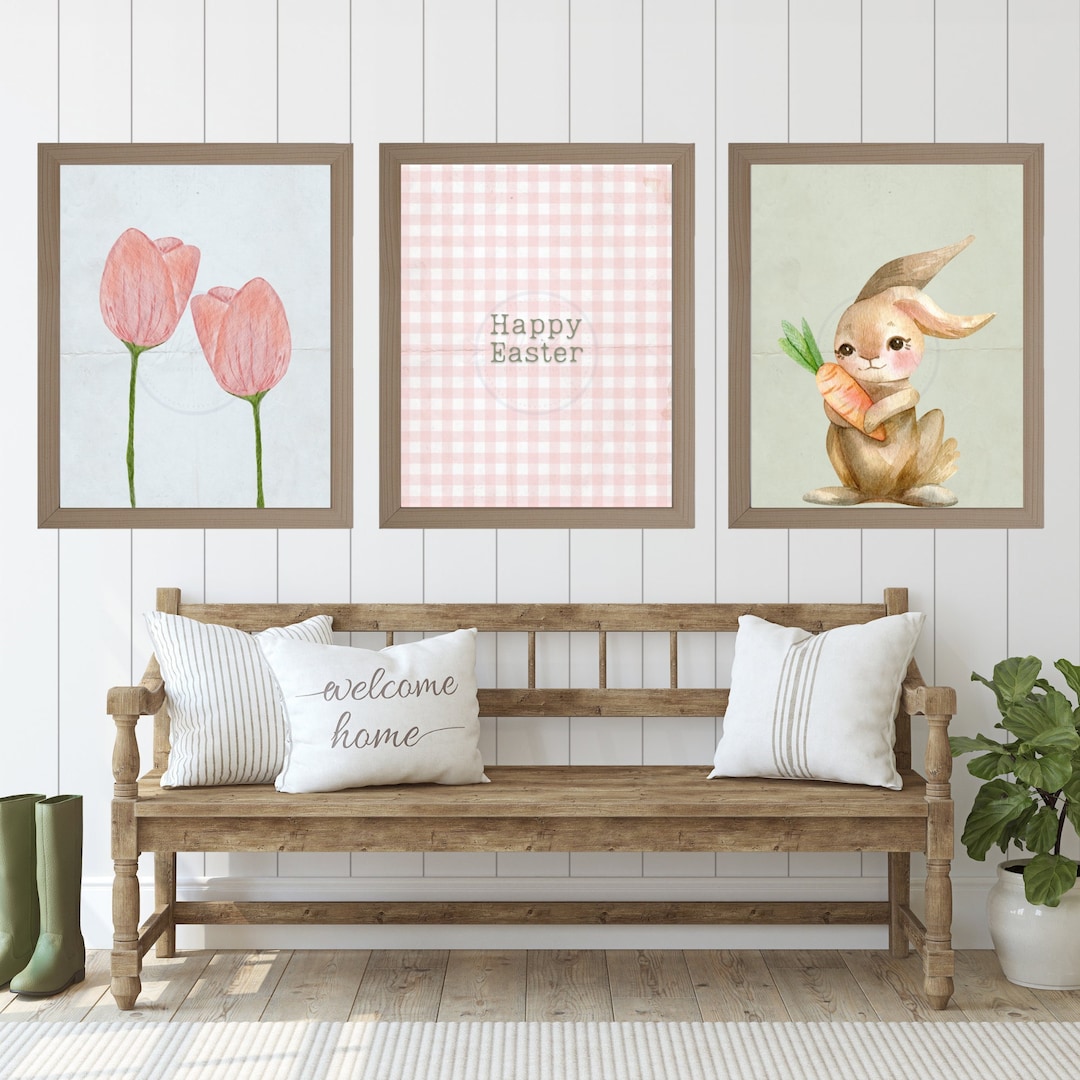 Happy Easter Wall Art| Gingham Print| Farmhouse Easter Print| Set of 3 ...