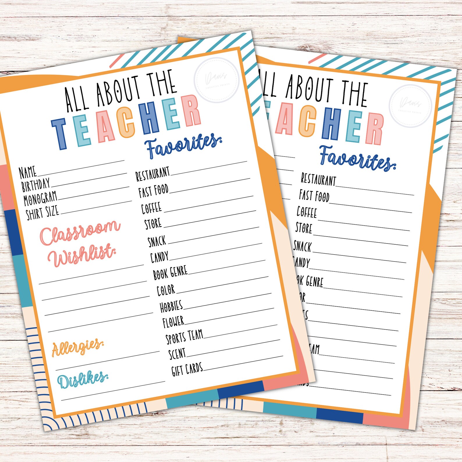 All About the Teacher Printable Teacher Questionnaire - Etsy