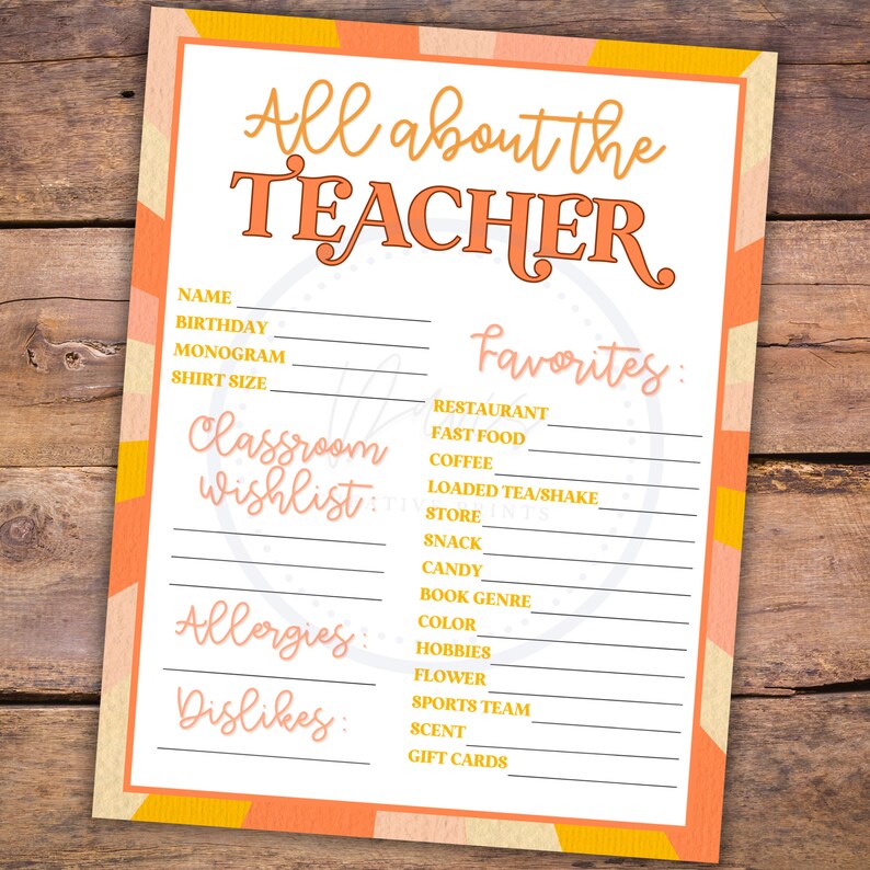 All About the Teacher Printable Teacher Questionnaire Printable for ...