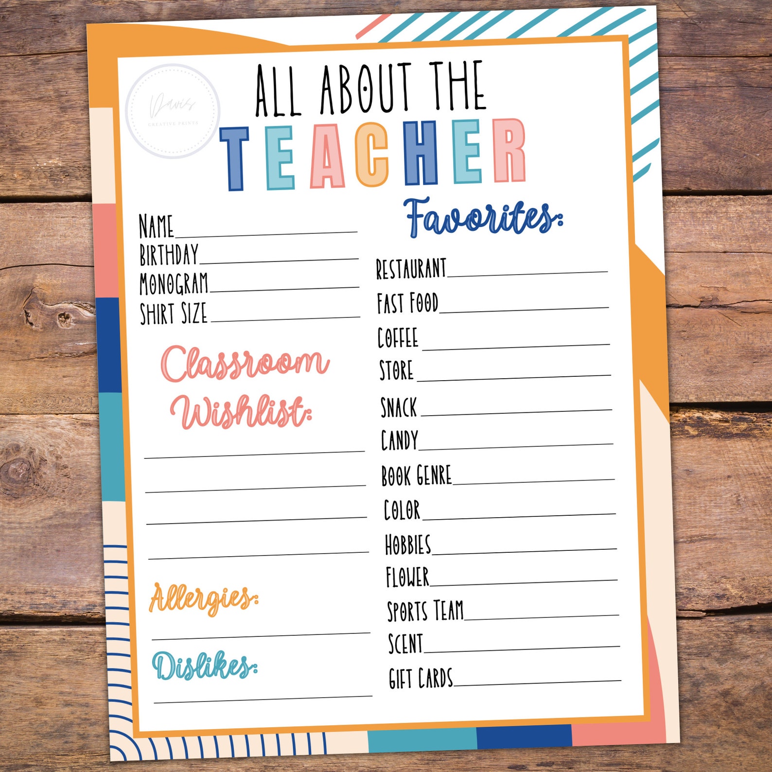 All About the Teacher Printable Teacher Questionnaire - Etsy
